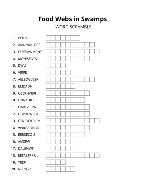 Food Webs in Swamps Word Scramble