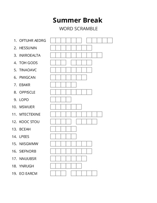Summer Break Word Scramble
